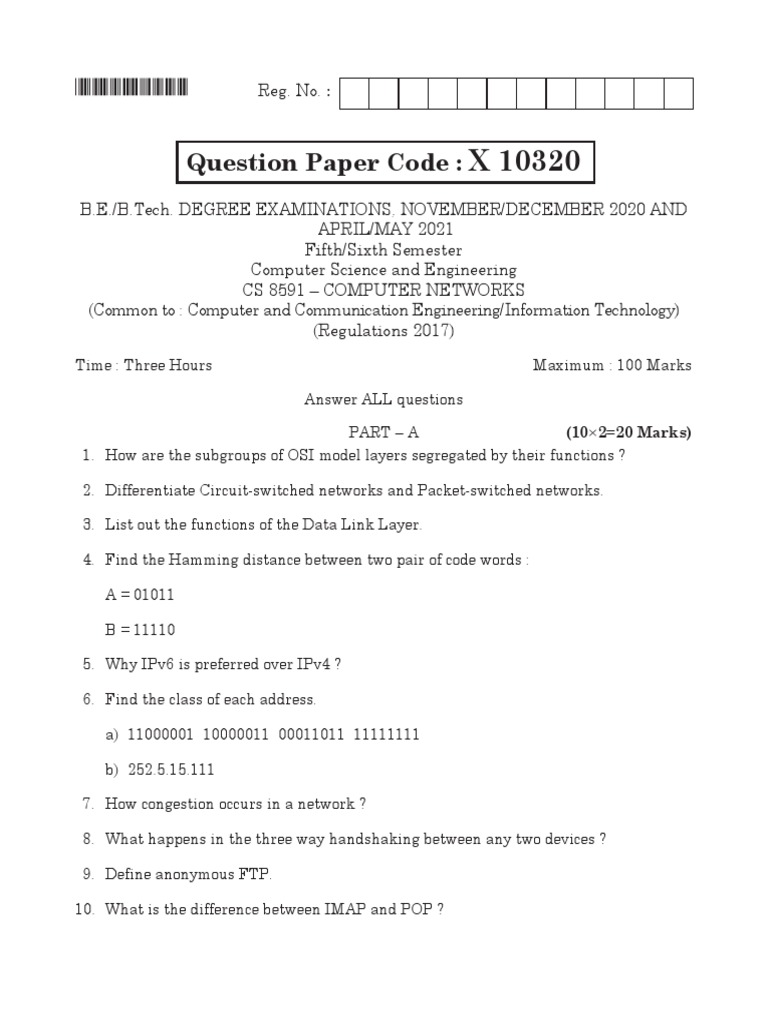 CSE-ND-2020-CS 8591-Computer Networks-711204806-X10320 (CS8591) | PDF | Computer Network | Osi Model