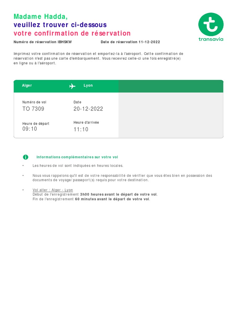 Billet TRANSAVIA - Khadidja - 20 DÃ©c 2022 | PDF | Transport