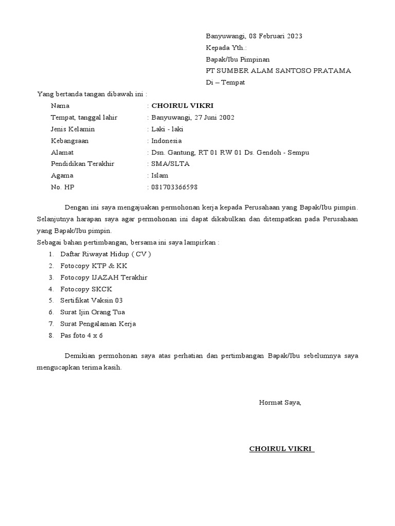 Surat Lamaran Choirul Vikri | PDF