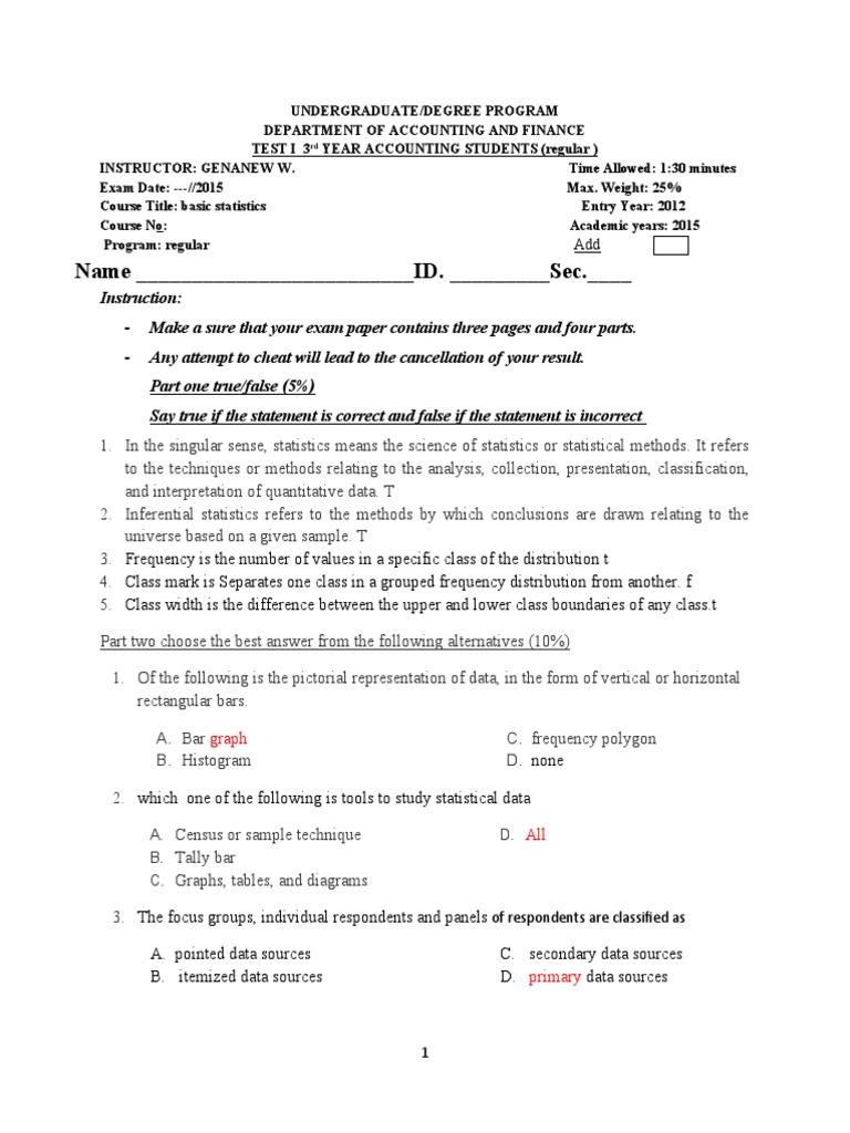 Basic Statistics Test One | PDF | Statistics | Science