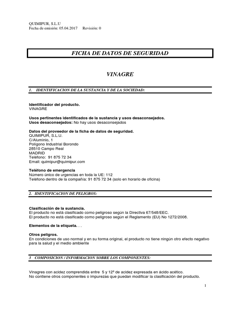 Ficha de datos de seguridad para vinagre | PDF | Agua | Química