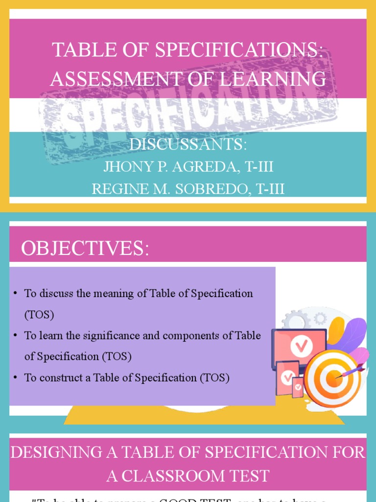 Table of Specifications: Assessment of Learning: Jhony P. Agreda, T-Iii ...