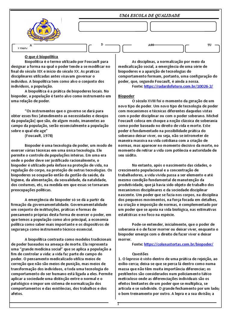 Bipolítica e Biopoder | PDF | Poder (social e político) | Michel Foucault