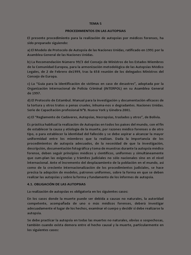 Tema 5 Procedimientos en Las Autopsias | PDF | Cráneo | Anatomía