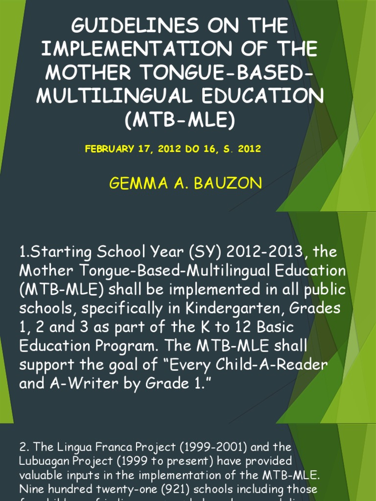 MTB-MLE Implementation Guidelines 2012 | PDF | Learning | First Language