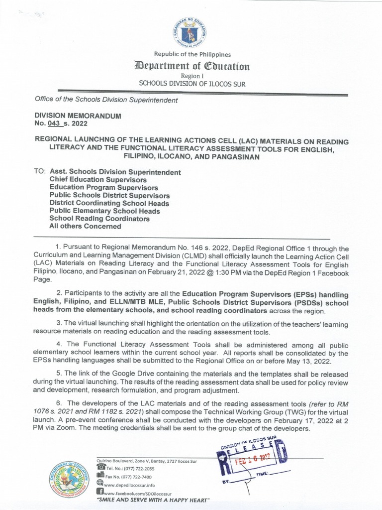 DM No. 043, S. 2022-Regional Launching of The Learning Actions Cell ...