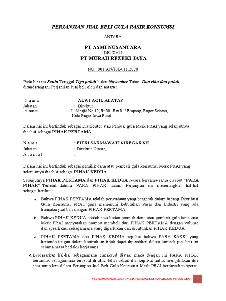 Draft Jual Beli Gula Prai PT MRJ | PDF
