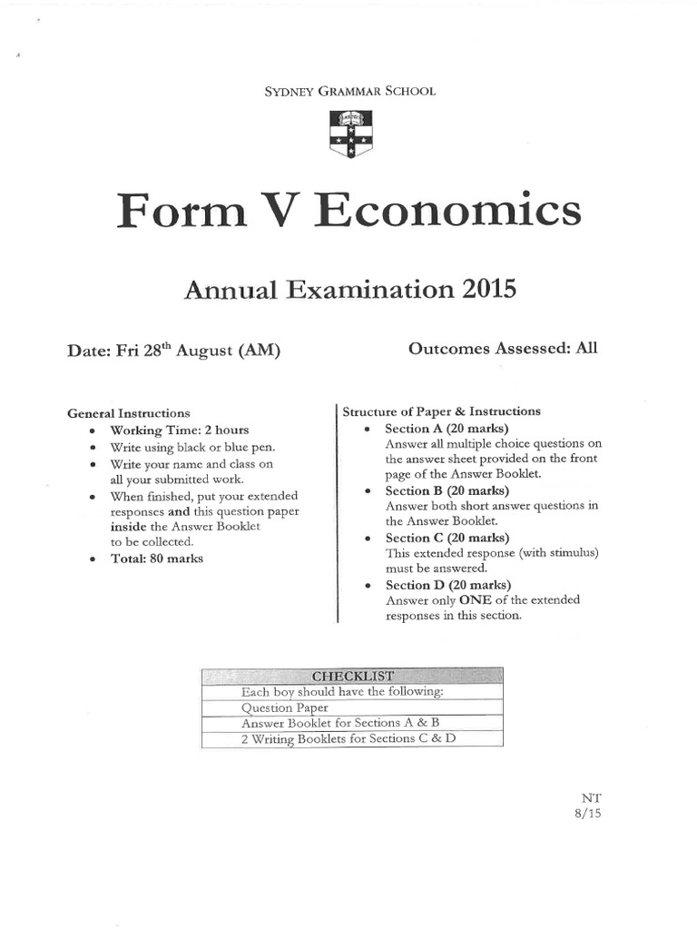 2015 P ECO - Sydney Grammar - Prelim Yearly Exam Paper | PDF