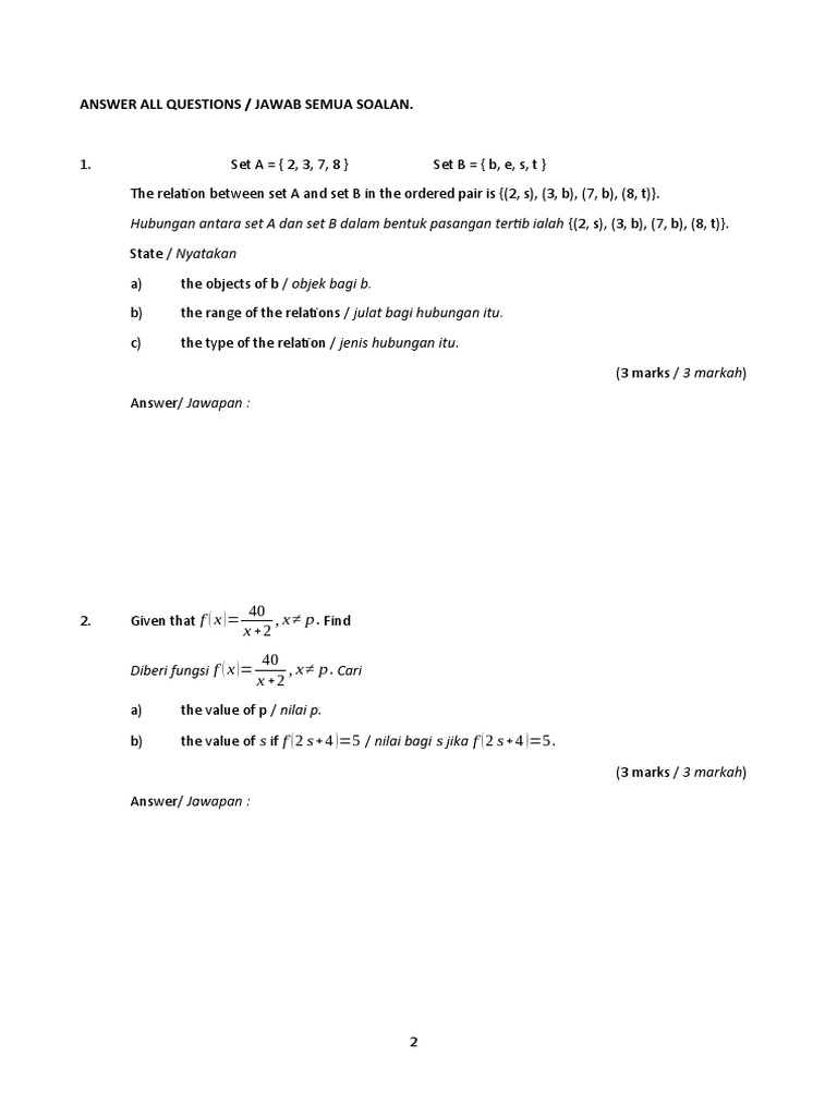 Hubungan Antara Set A Dan Set B Dalam Bentuk Pasangan Tertib Ialah ( (2, S), (3, B), (7, B), (8 ...