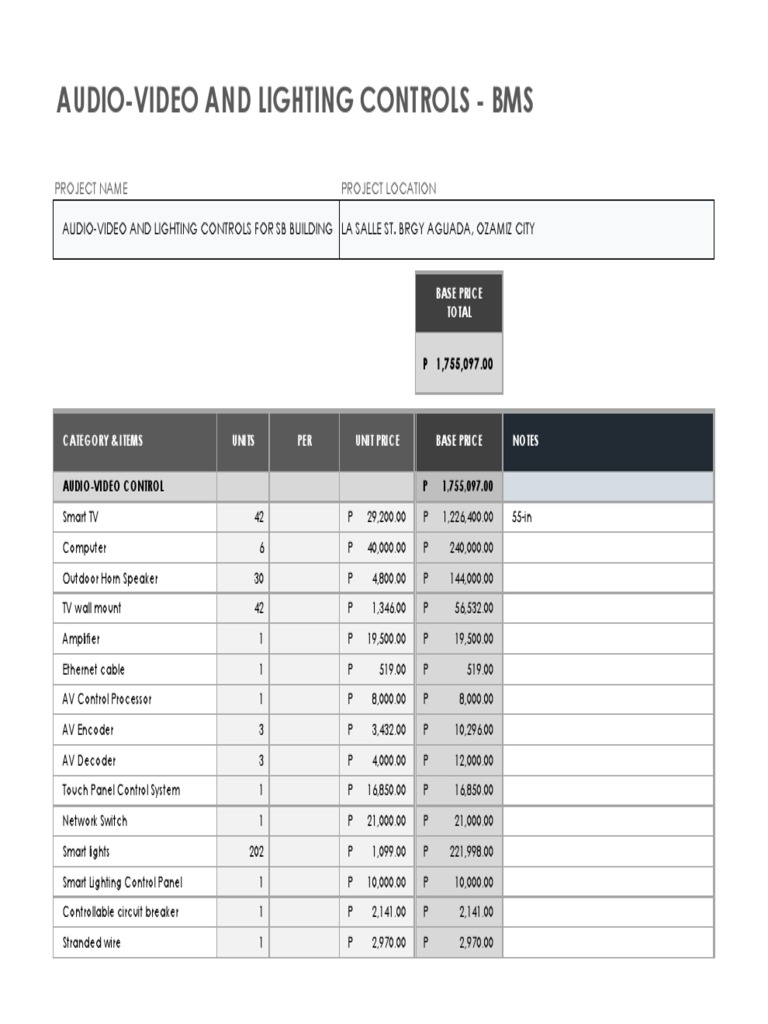 Audio Video Control System Cost Estimate | PDF