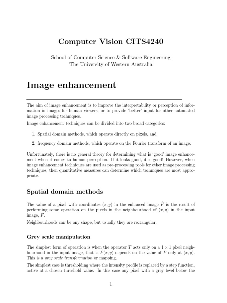 Image Enhancement: Computer Vision CITS4240 | PDF | Science ...