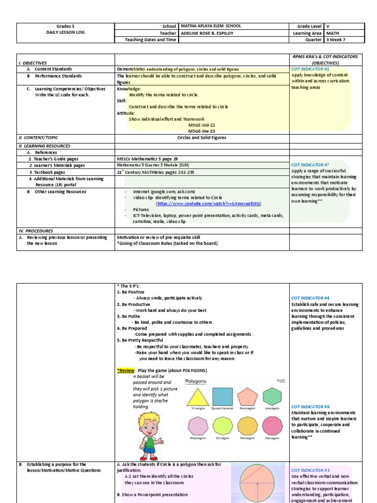 Espiloy COT DLP Math 5 Q3 | PDF | Learning | Teachers