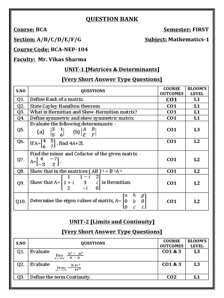 Mathematics Bca Nep-104 Question Bank | PDF | Matrix (Mathematics ...