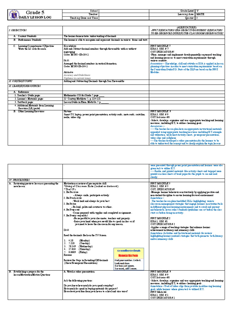 Grade 5 Math DLP: Decimals Q2 | PDF | Educational Technology | Learning