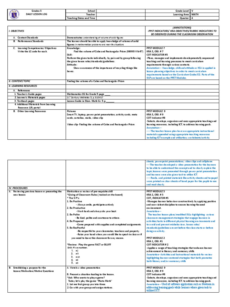 Espiloy COT DLP Math 5 Q4 | PDF | Learning | Educational Technology