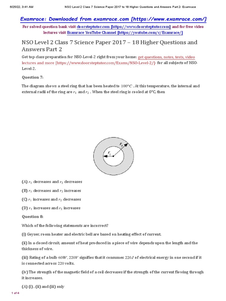 NSO Class 7 Science Paper 2017-18 | PDF | Mirror | Tornadoes