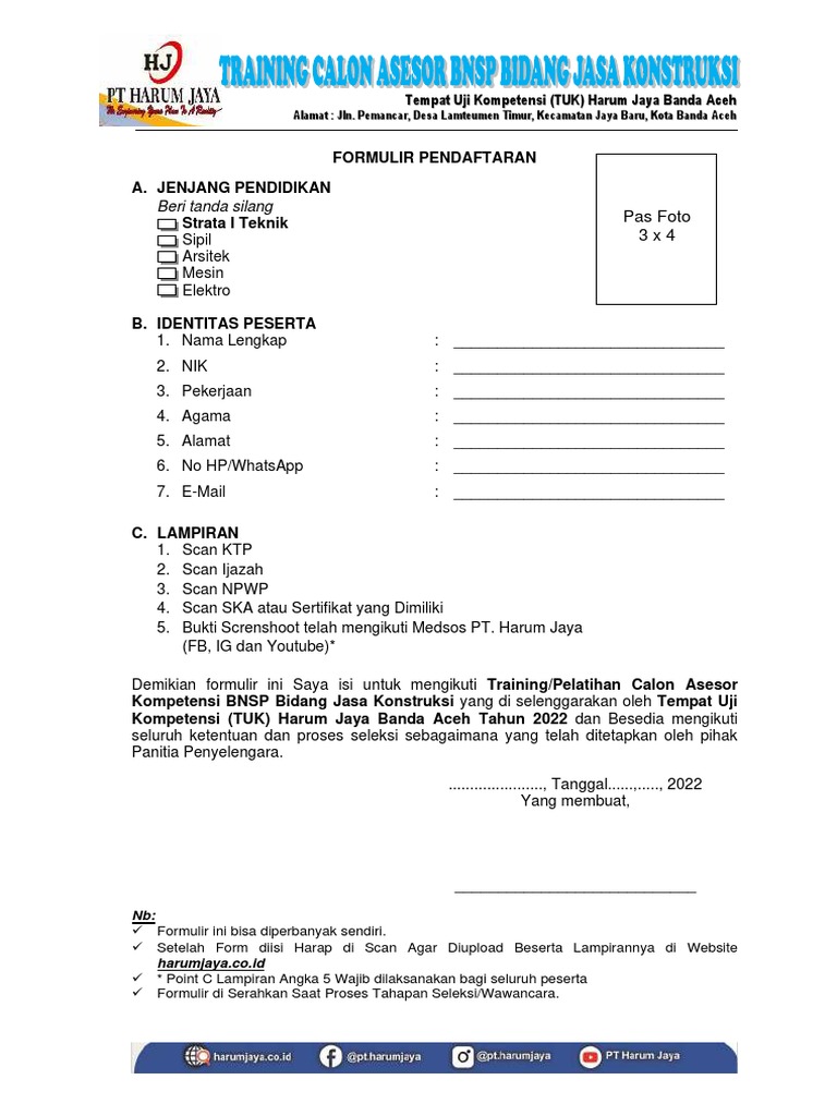 Form Pendaftaran Calon Asesor BNSP Bidang Konstruksi | PDF
