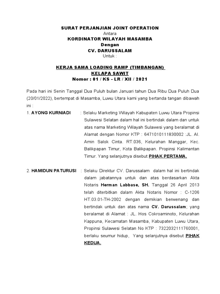 Kerja Sama Operasional Loading Ramp Kelapa Sawit | PDF