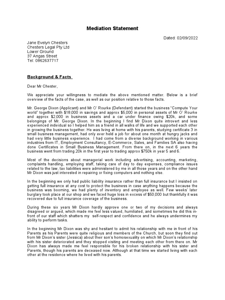 Mediation Position Statement Overview | PDF | Insurance | Valuation ...