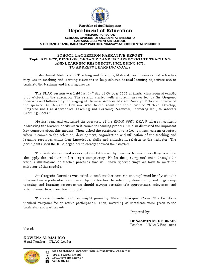 Slac Narrative Report On PPST-RPMS Module 9 | PDF | Learning | Educational Technology