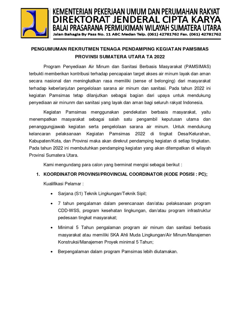 Pengumuman Rekrutmen Tenaga Pendamping Kegiatan Pamsimas Provinsi ... Pengumuman Rekrutmen Tenaga Pendamping Kegiatan Pamsimas Provinsi ...