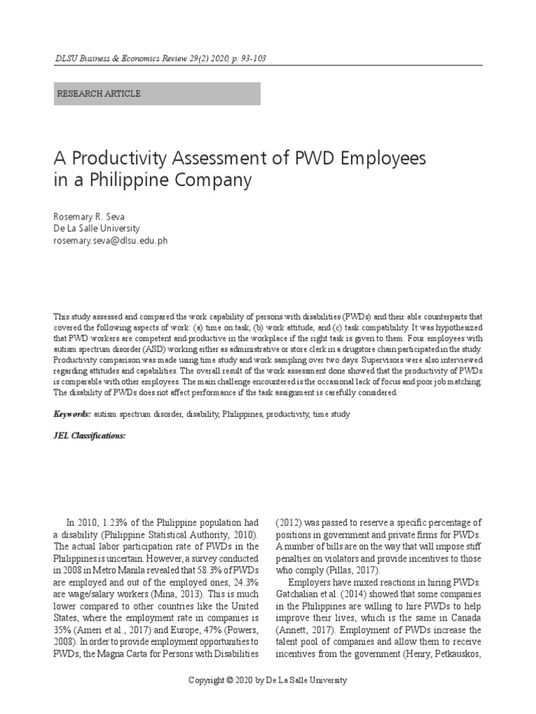 A Productivity Assessment of PWD Employees | PDF | Disability | Employment