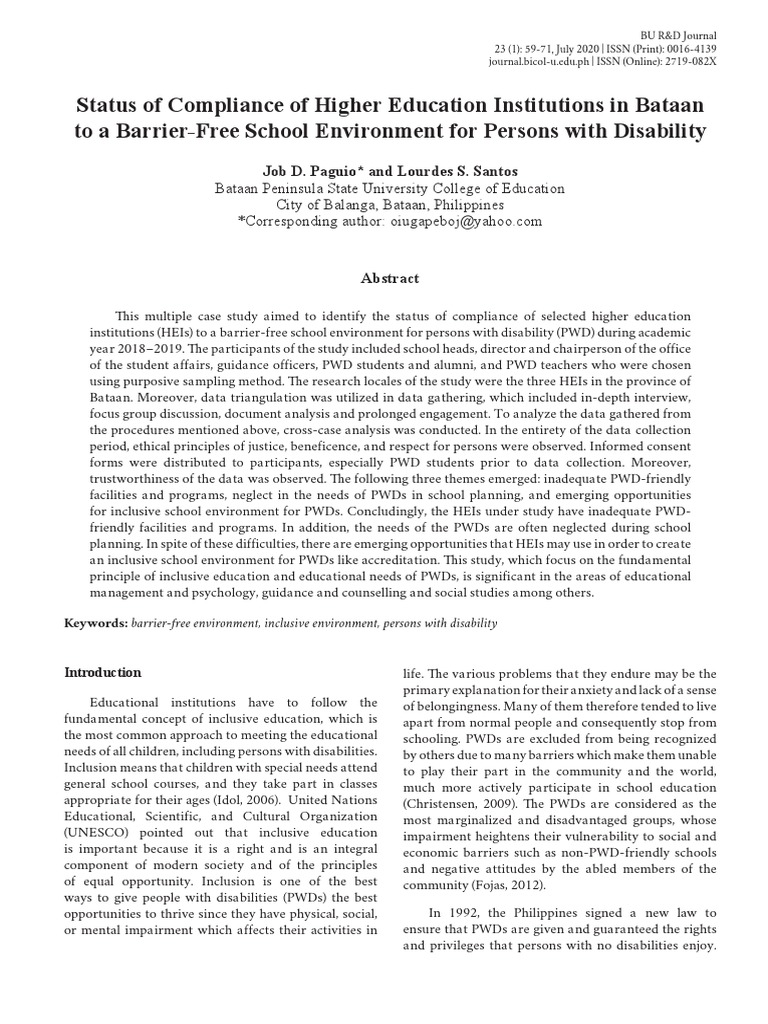 Status of Compliance of HEI in Bataan To A Barrier-Free School ...