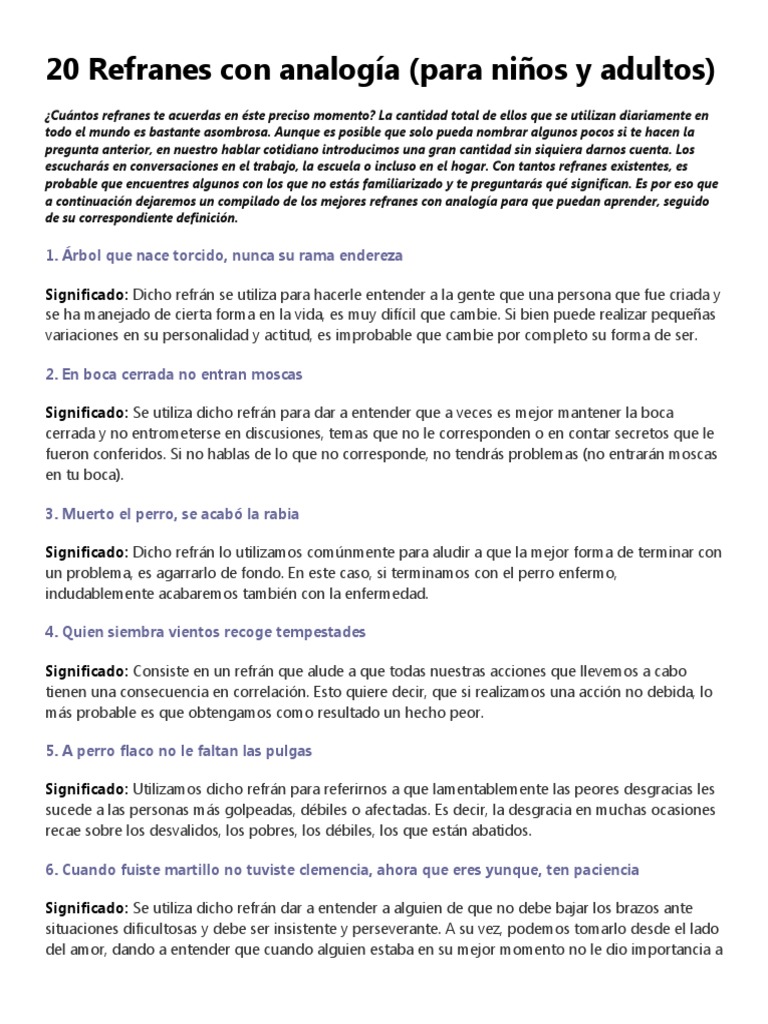 20 Refranes Con Analogía | PDF | Analogía