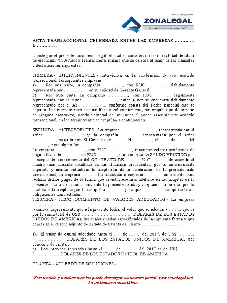 Acta Transaccional de Pago Modelo | PDF | Pagos