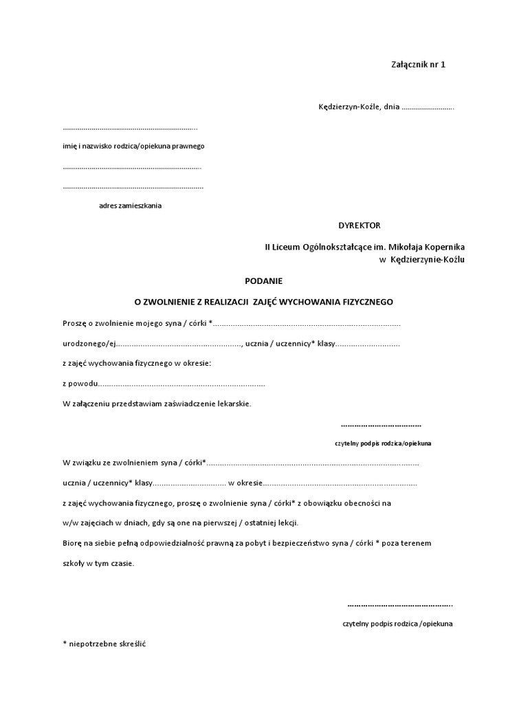 Regulaminy I Procedury Procedura Zwalniania Z WF Podanie o Zwolnienie Z WF Uczen Niepelnoletni | PDF
