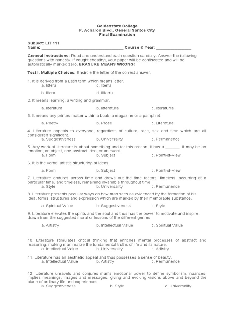 LIT 111 Final Exam Overview | PDF | Poetry | Narrative