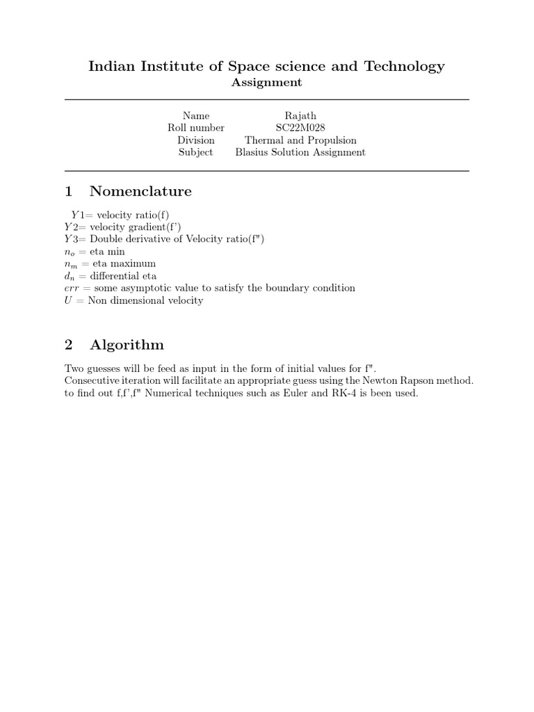 Solving the Blasius Boundary Layer Problem using Numerical Techniques | PDF | Numerical Analysis ...