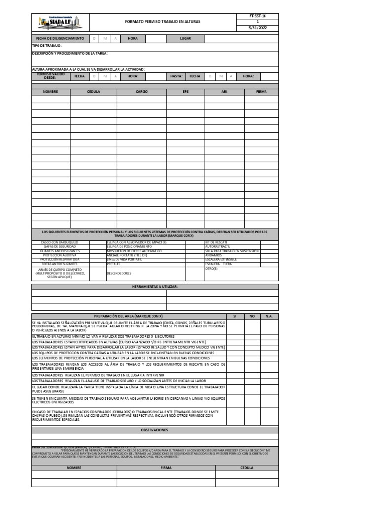 Formato de Permiso de Trabajo en Alturas | PDF