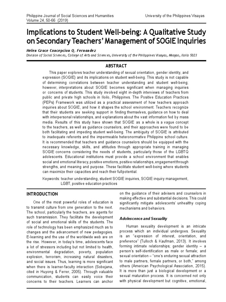 Implications To Student Well Being A Qualitative Study On Secondary Teachers Management of SOGIE ...