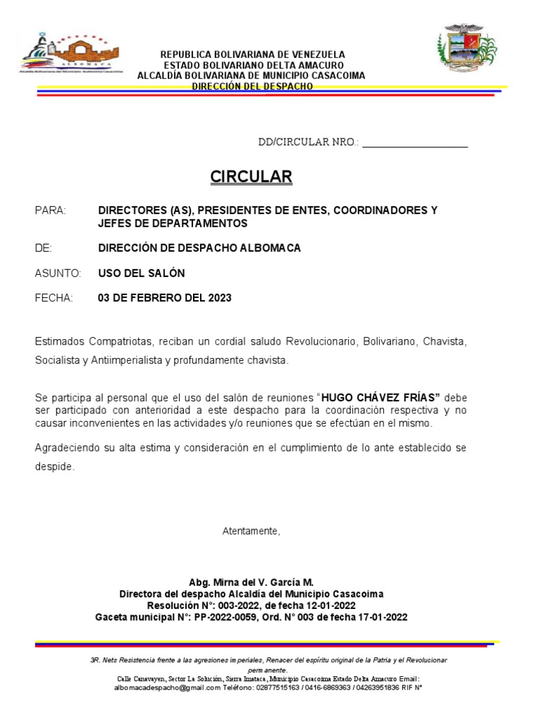 Circular Uso Del Salon | PDF | Política de venezuela | Venezuela