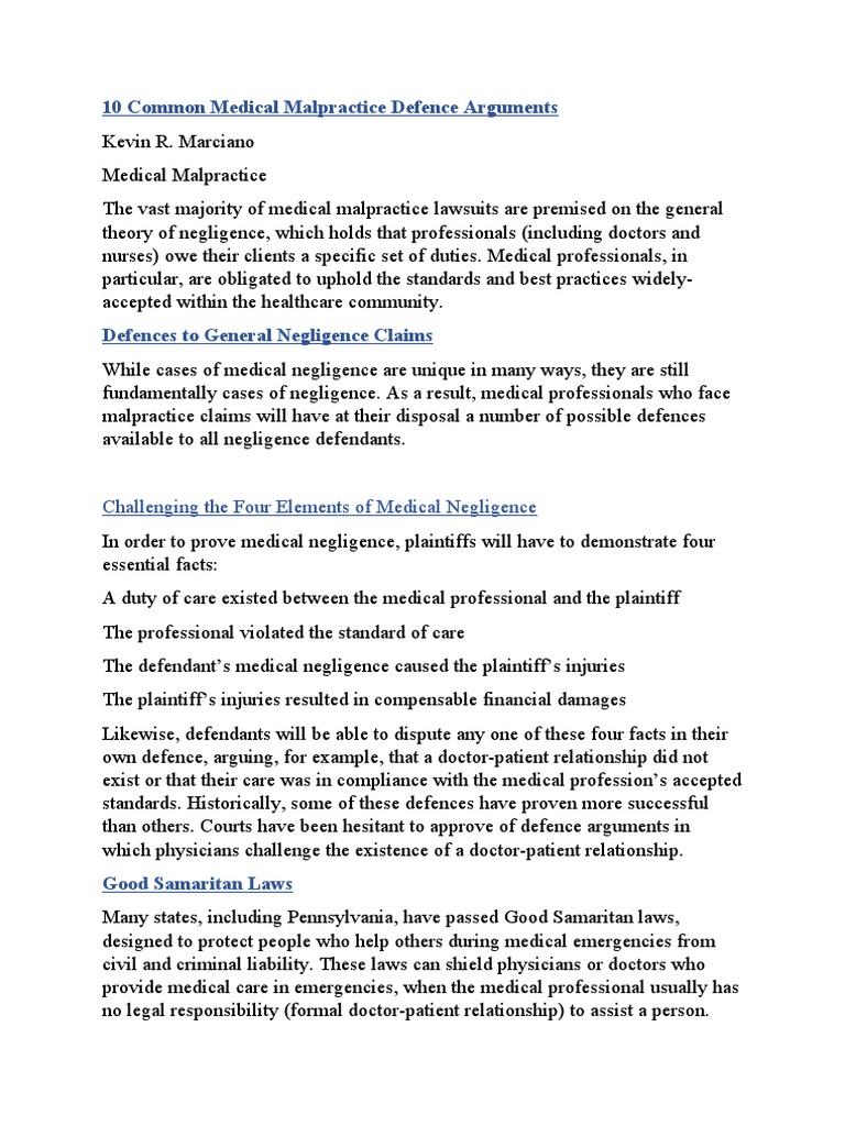10 Common Medical Malpractice Defense Arguments | Download Free PDF ...