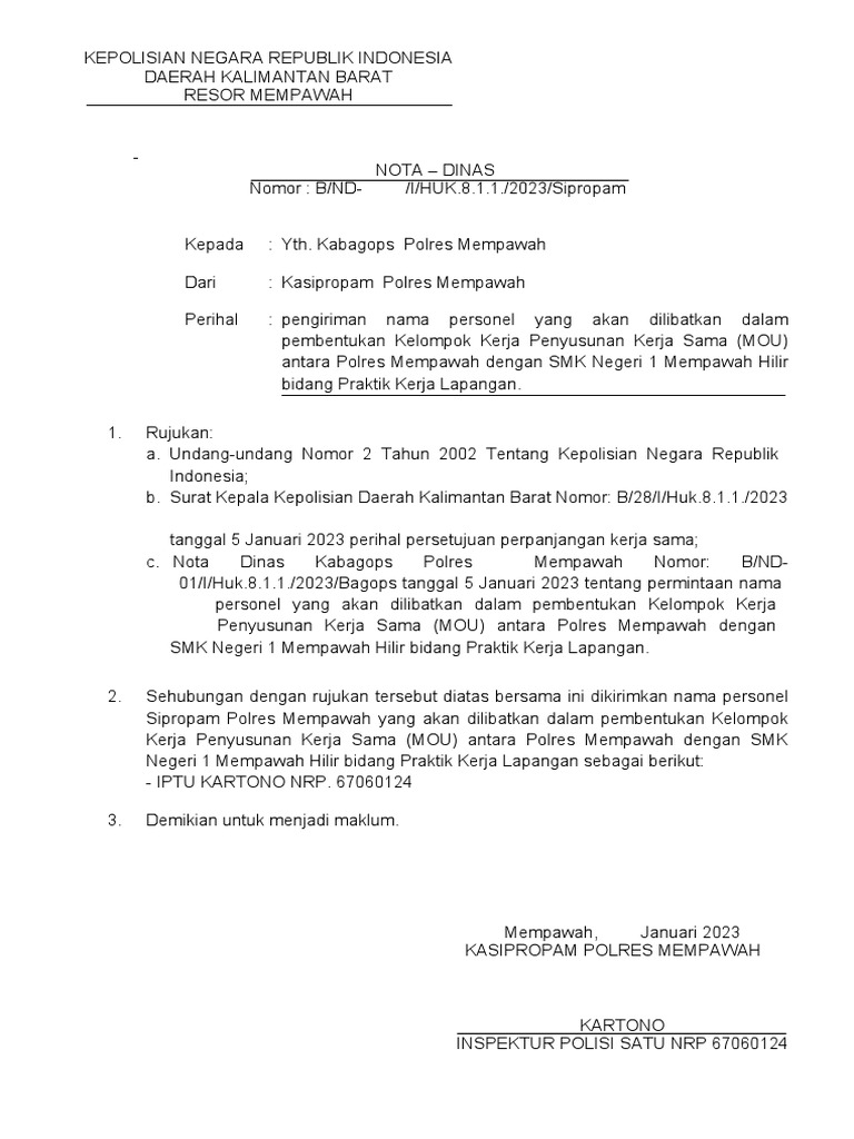 Nota Dinas Balasan Nota Dinas Penyusunan Mou Dengan SMK N 1 Dari Bag ... Nota Dinas Balasan Nota Dinas Penyusunan Mou Dengan SMK N 1 Dari Bag ...