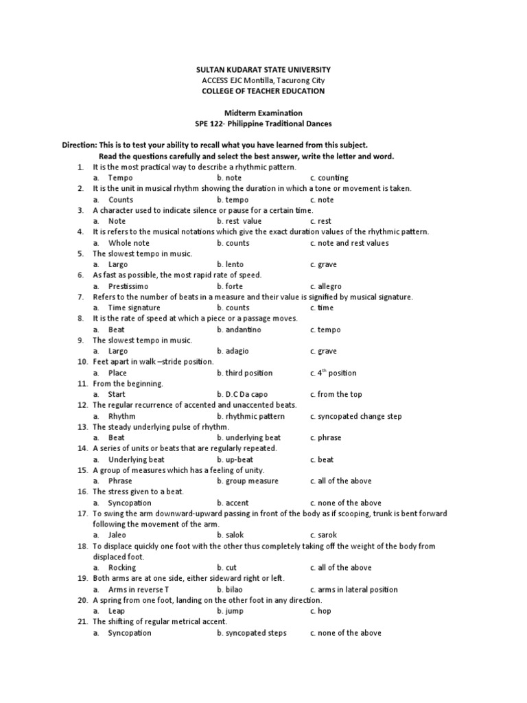Philippine Traditional Dances Exam Guide | PDF | Rhythm | Tempo