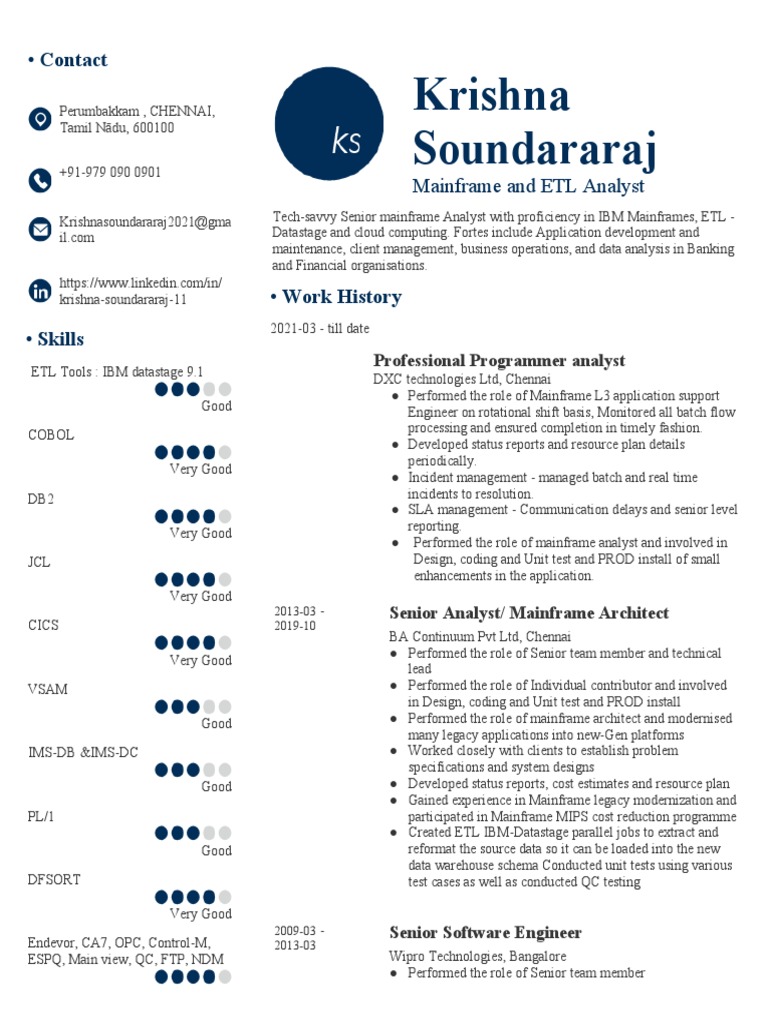 Krishna - Soundararaj - Resume - 13 Years - Mainframe - ETL | PDF | Mainframe Computer ...