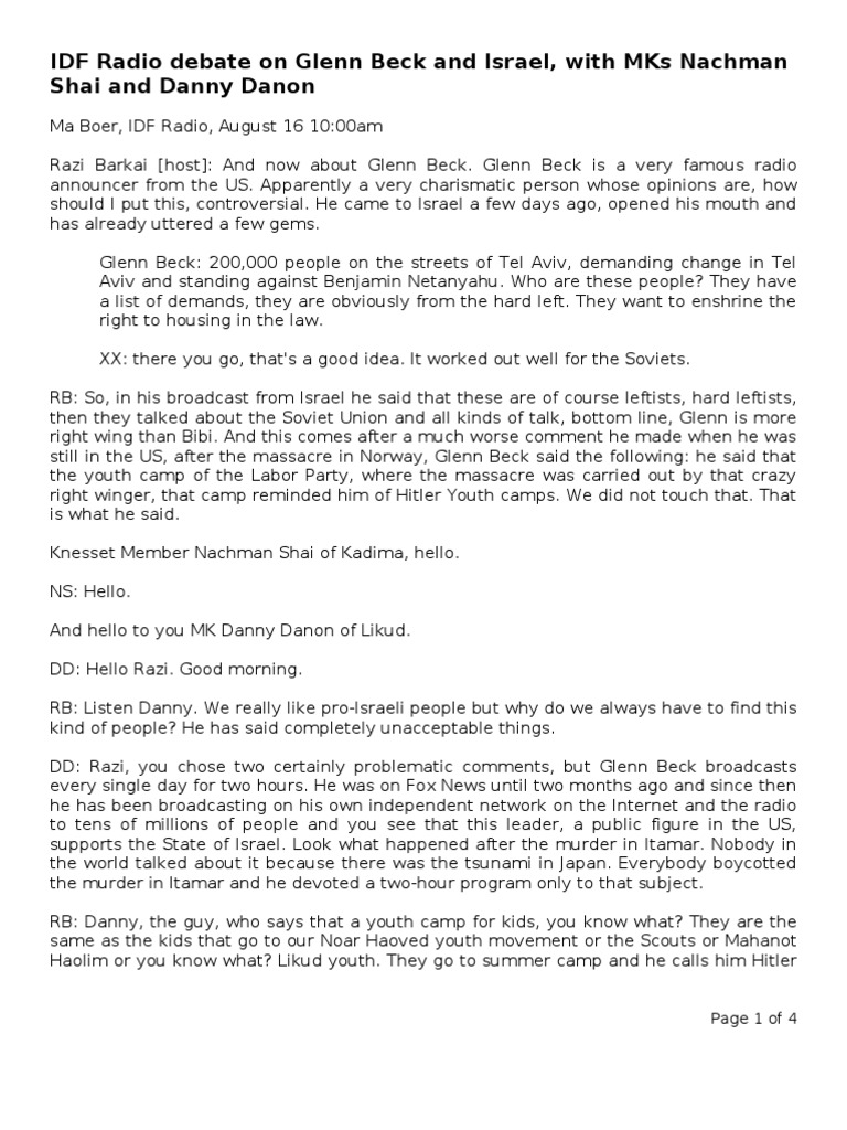 Transcript IDF Radio Aug16-11 (Debate On Glenn Beck and Israel With MKs ...