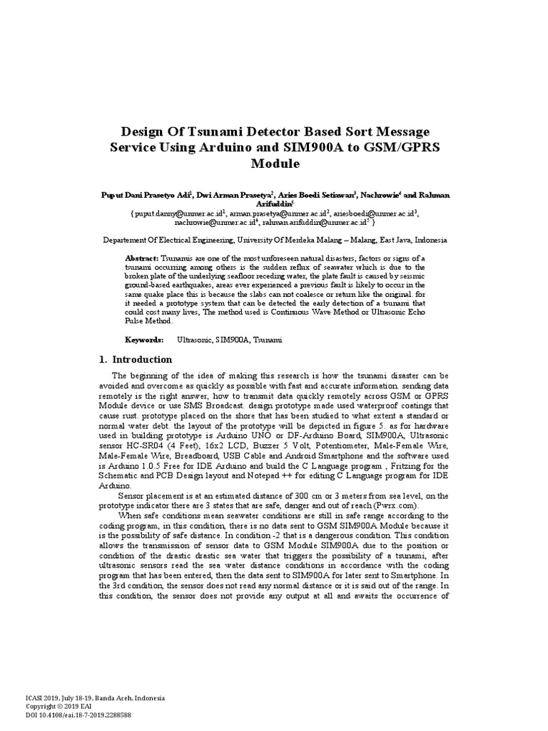 Design Of Tsunami Detector Based Sort Message Service Using Arduino Pdf Arduino Ultrasound