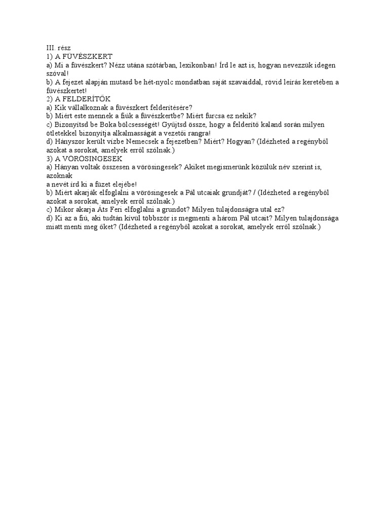 A Pál Utcai Fiúk 3. Fejezet | PDF