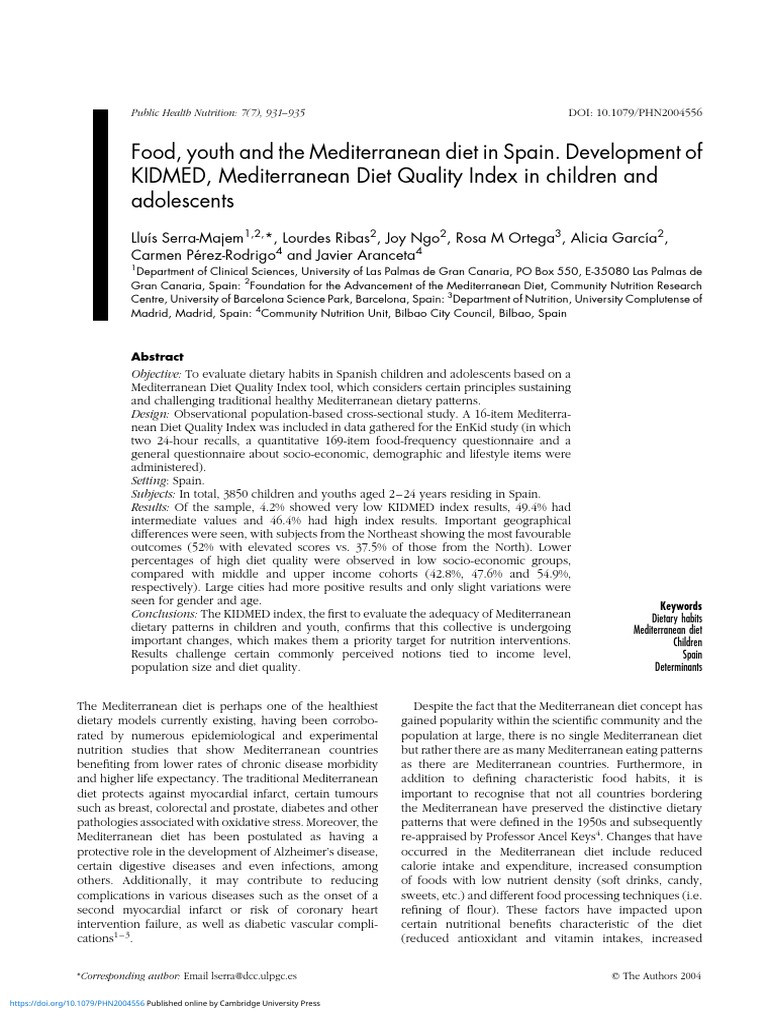 Food Youth and The Mediterranean Diet in Spain Development of Kidmed ...