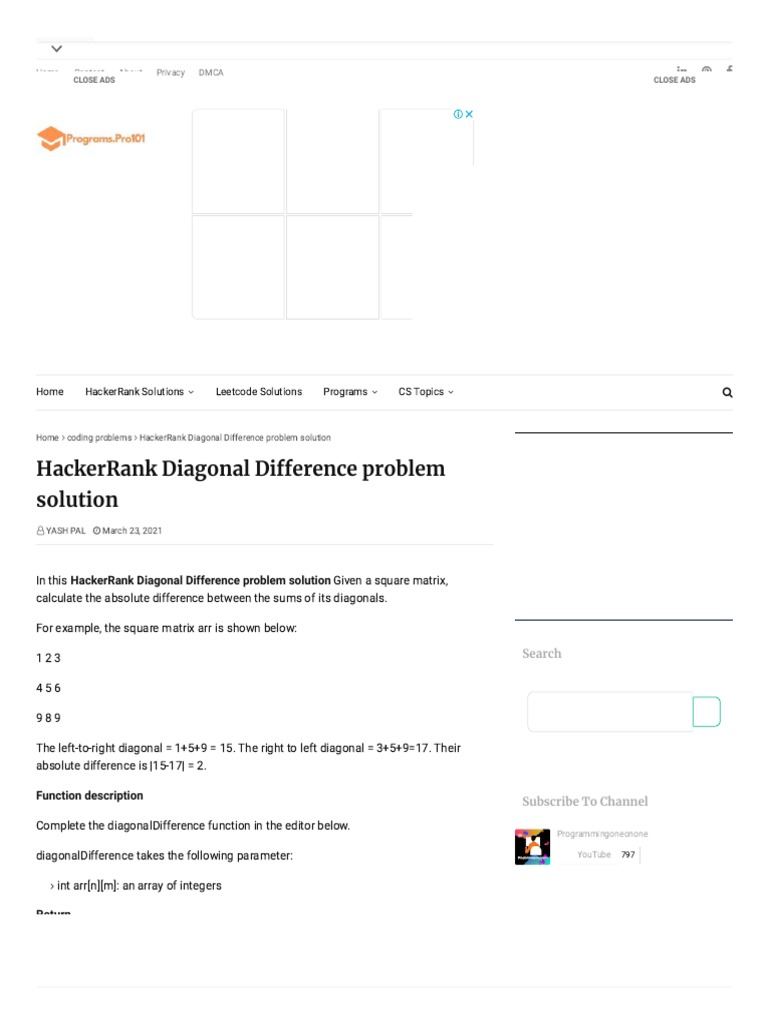 HackerRank Diagonal Difference Problem Solution | PDF | Matrix ... HackerRank Diagonal Difference Problem Solution | PDF | Matrix ...