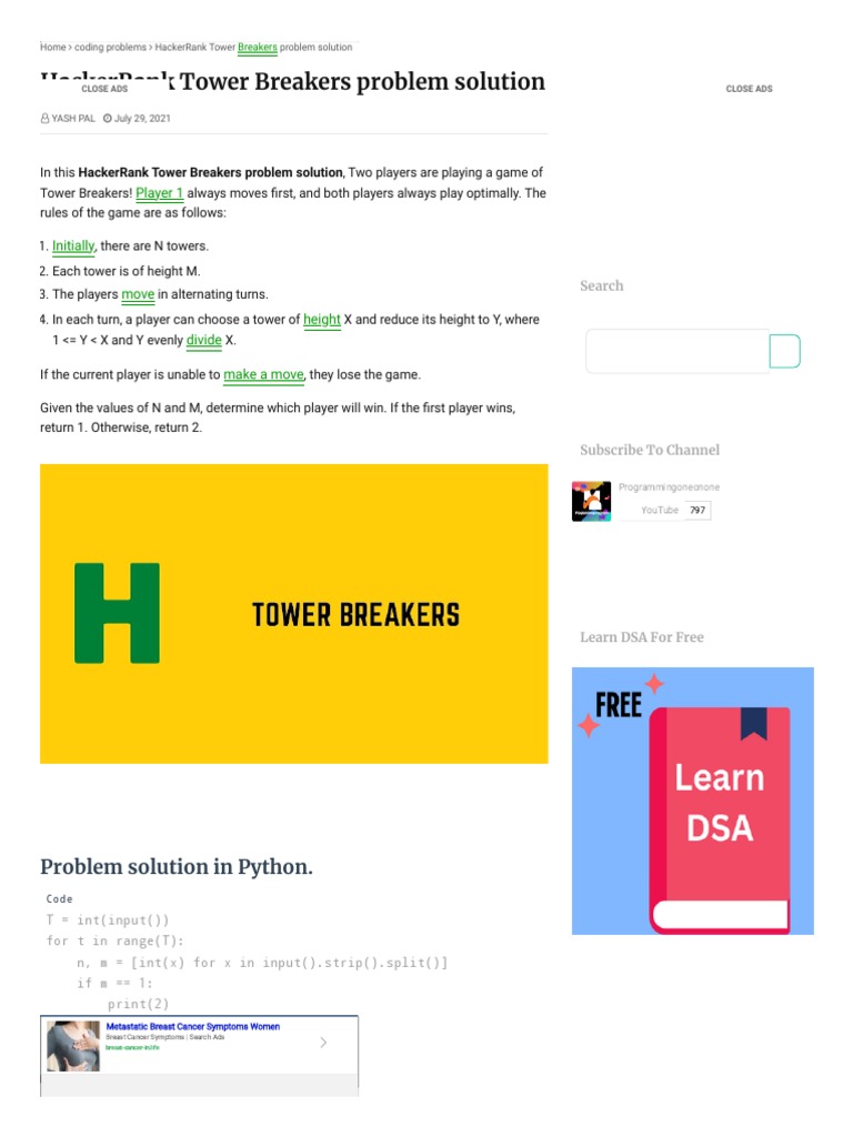 HackerRank Tower Breakers Problem Solution | PDF | Software | Computer Engineering