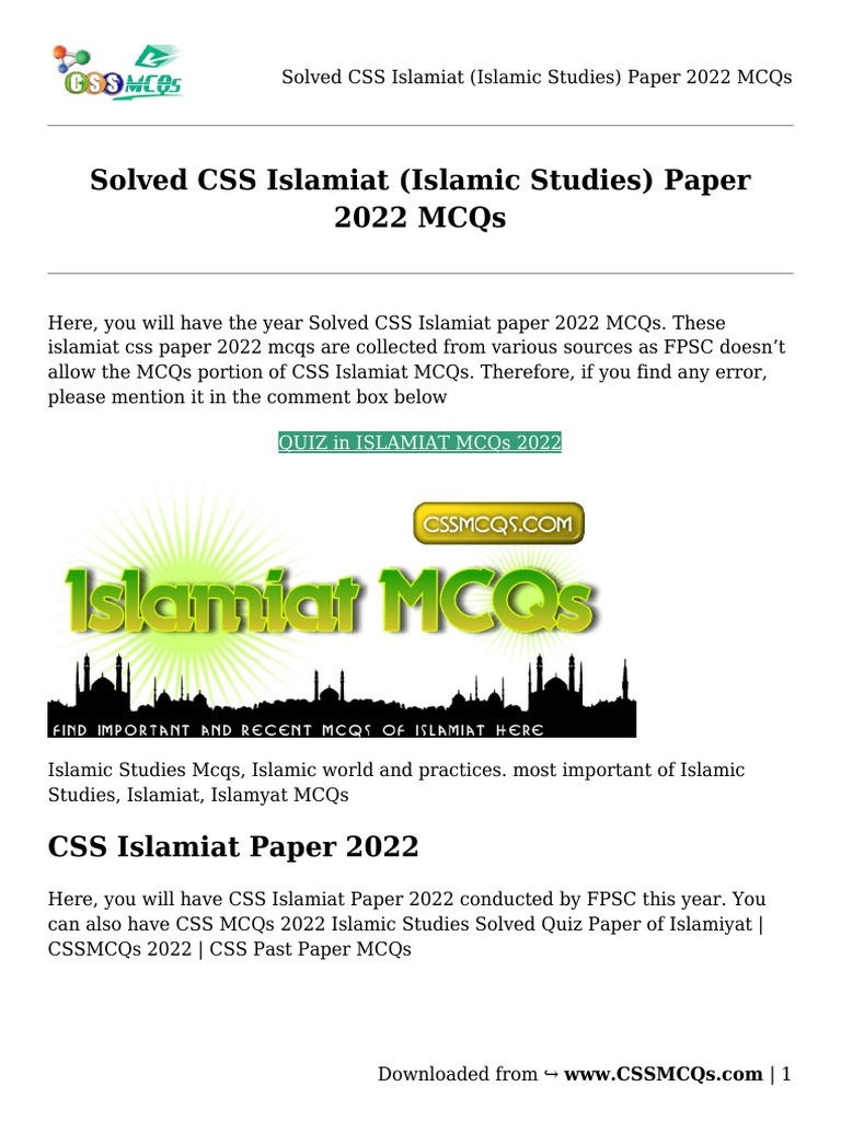 Solved CSS Islamiat (Islamic Studies) Paper 2022 MCQs | PDF | Surah ...