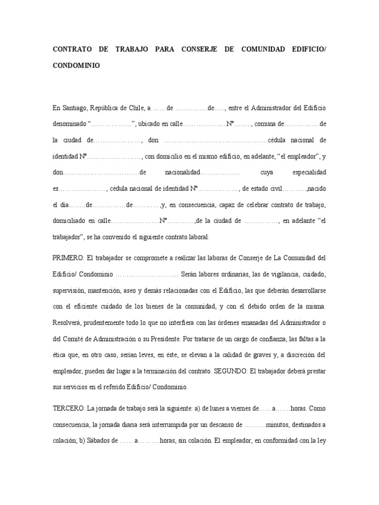Contrato de Trabajo para Conserje de Comunidad Edificio | PDF | Condominio | Salario