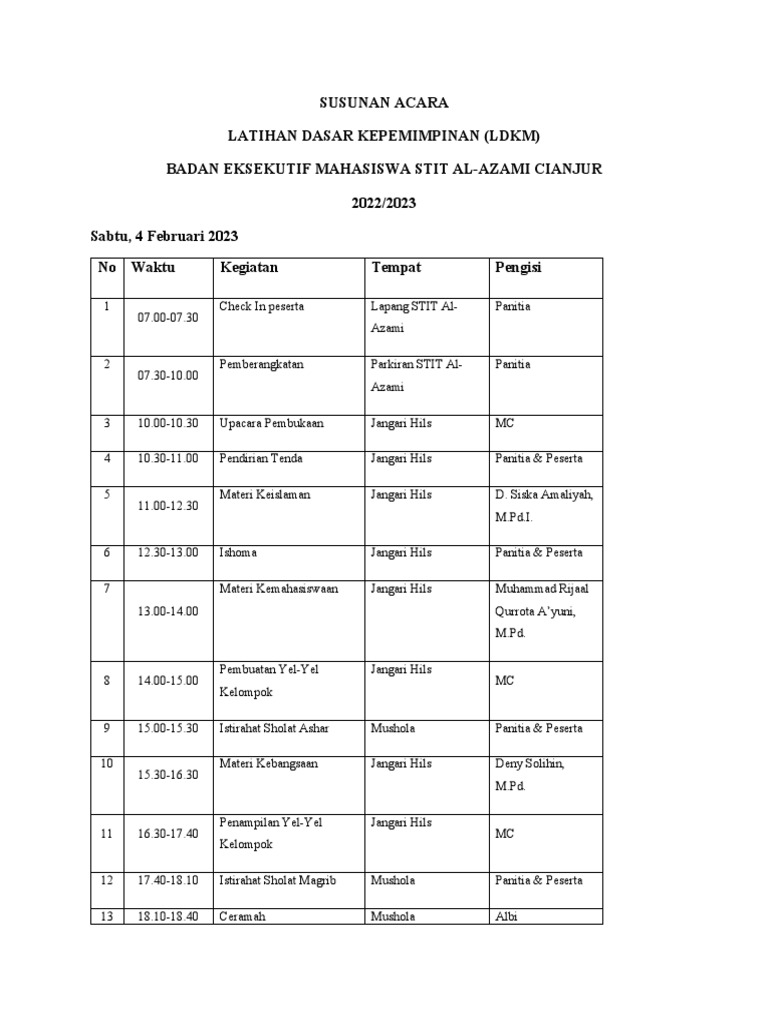 Susunan Acara LDKM 23 | PDF
