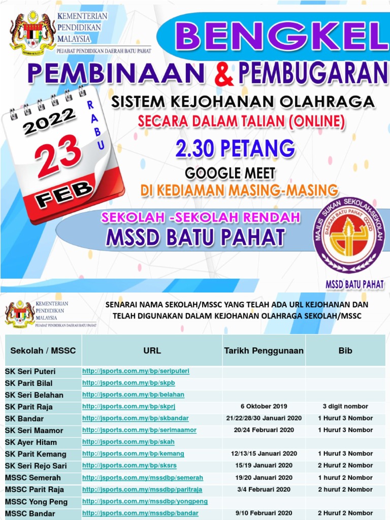 Senarai Sekolah MSSC dan URL Kejohanan | PDF