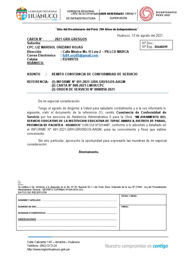 Carta Constancia de Conformidad de Servicio - Lmor - Tupac | PDF